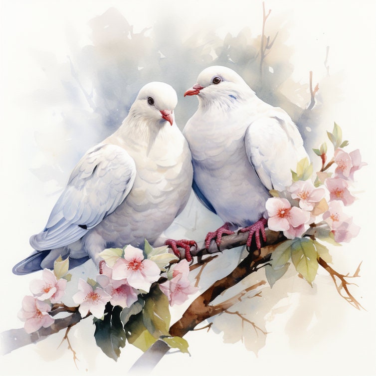 Lovely Wedding White Doves, Bundle of 5 Watercolor PNG Files for Wall ...