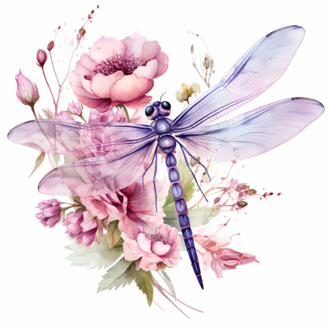 Watercolor Elegant Dragonfly and Flowers, Bundle of 5 PNG Files for ...