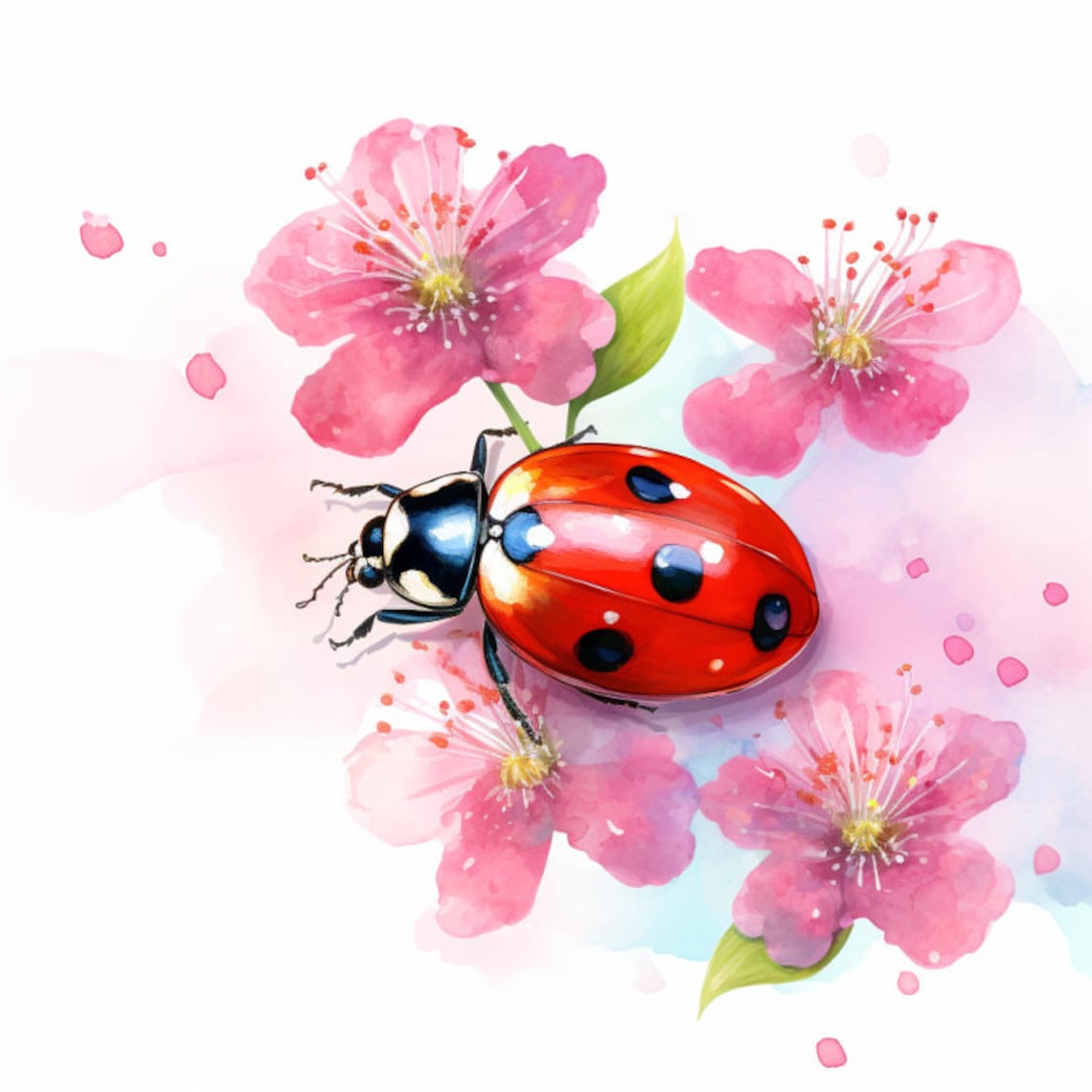 Watercolor Cute Ladybug and Pink Flowers, Bundle of 5 PNG Files for ...