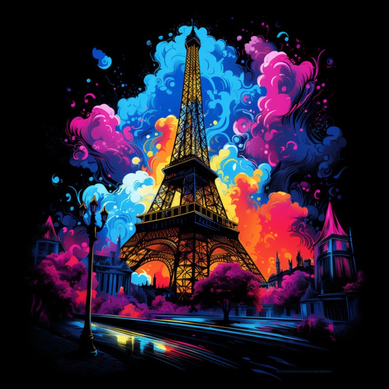 Neon Vivid Fluorescent Eiffel Tower in Paris, Bundle of 5 PNG Files for ...