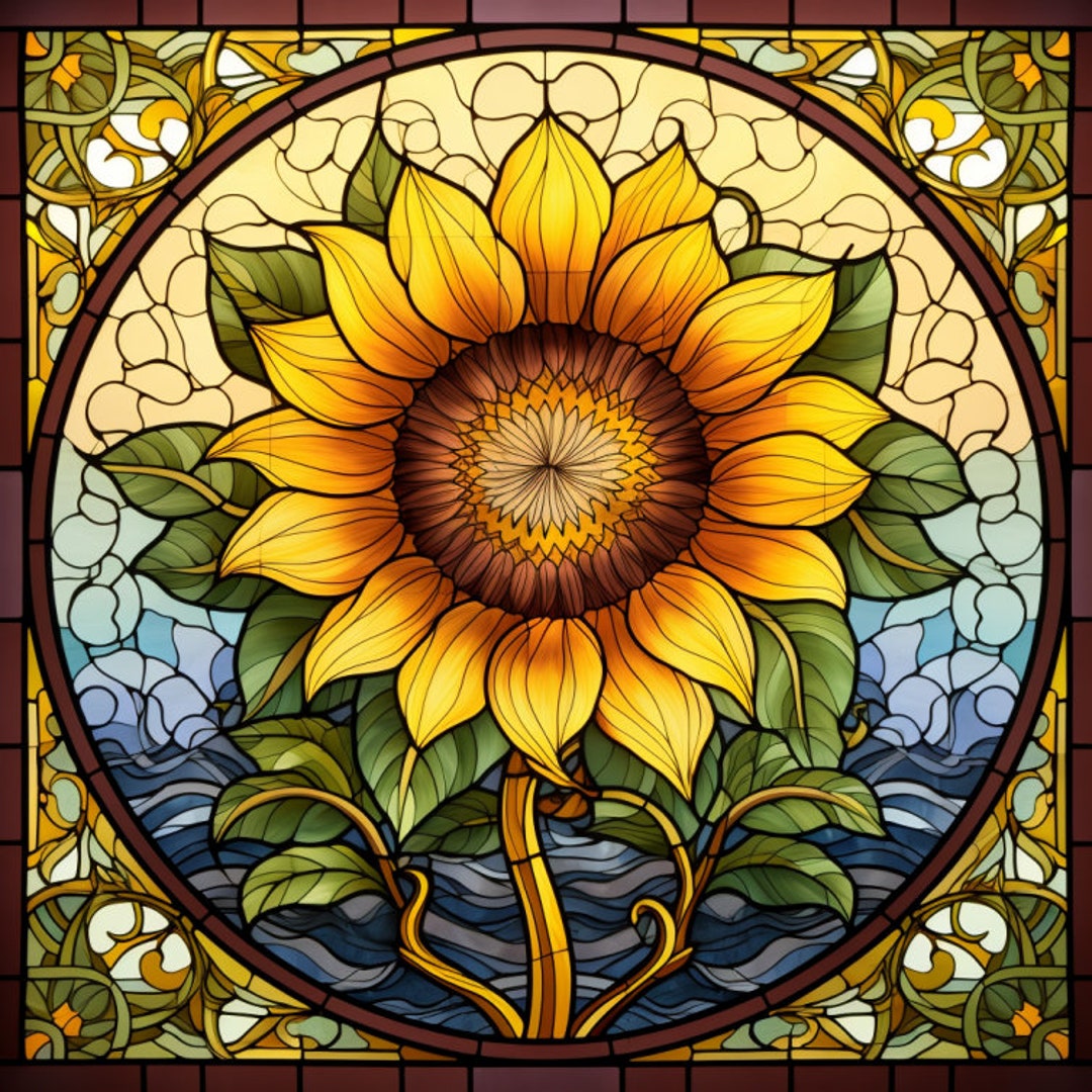Sunflower Stained Glass, Bundle of 5 PNG Files for Wall Art, Digital ...