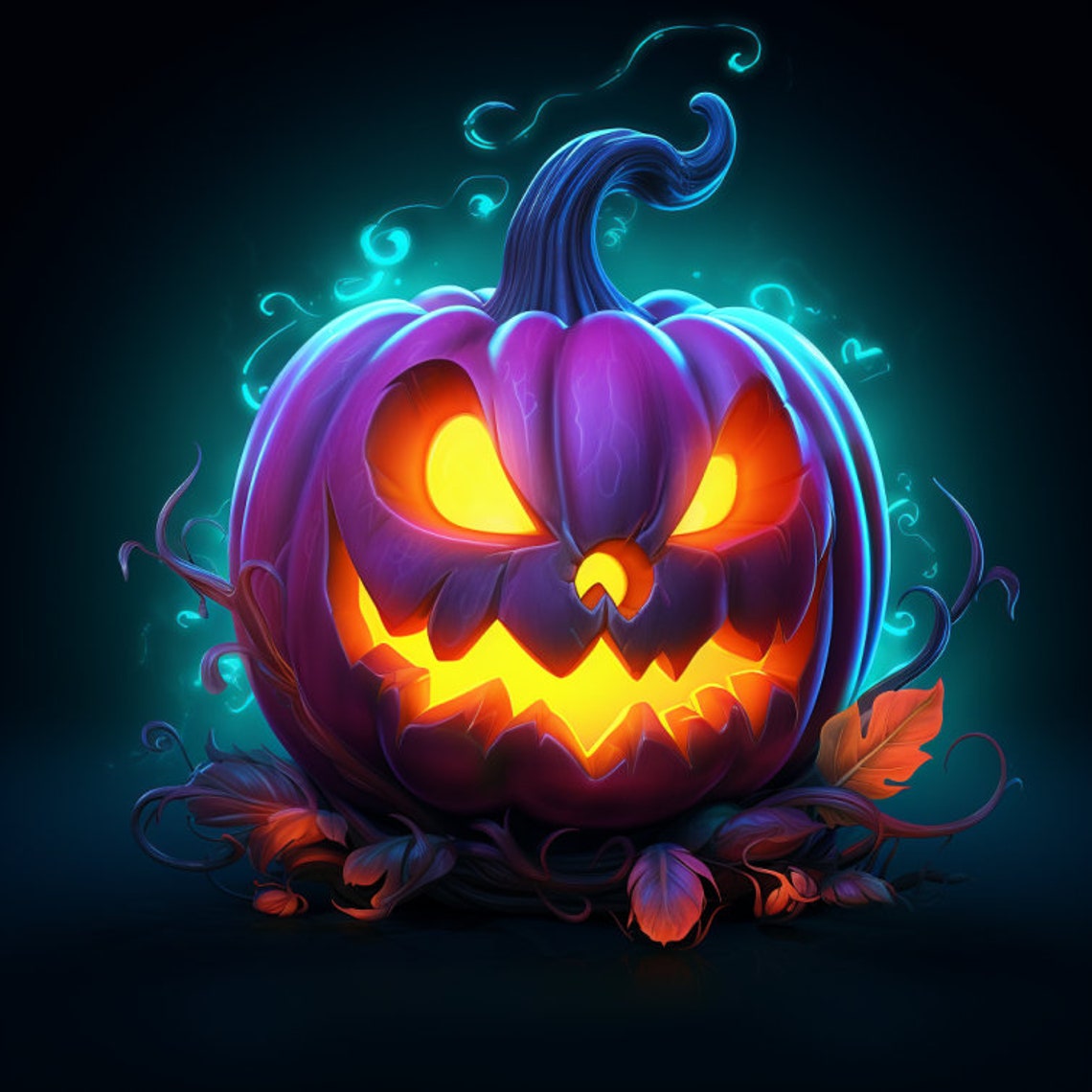 Neon Teal Halloween Pumpkin, Bundle of 5 PNG Files for Wall Art ...