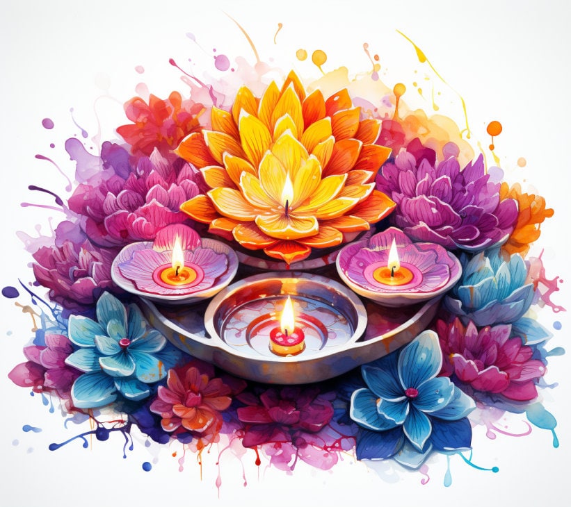 Happy Diwali! Bundle of 5 Watercolor Painting PNG Files for Wall Art ...