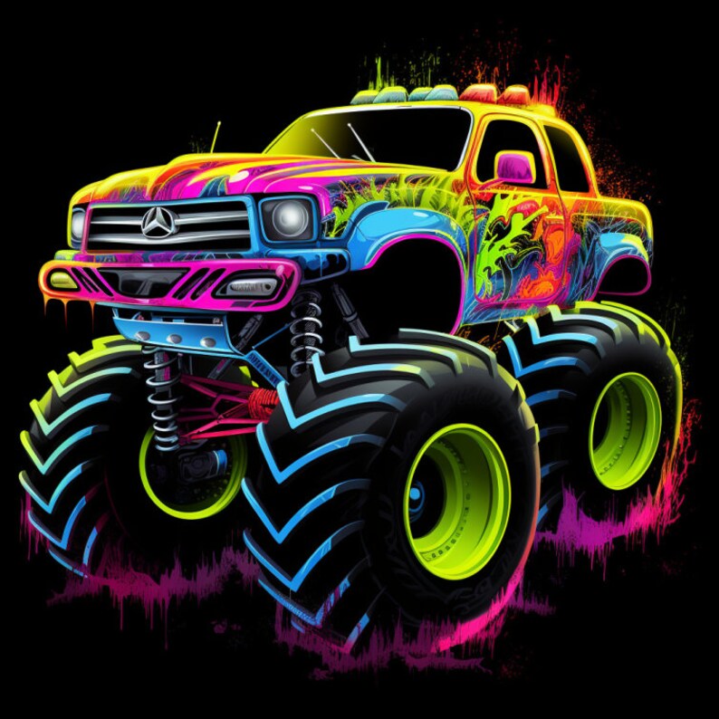 Neon Radiant Monster Truck, Bundle of 5 PNG Files for Wall Art, Digital ...