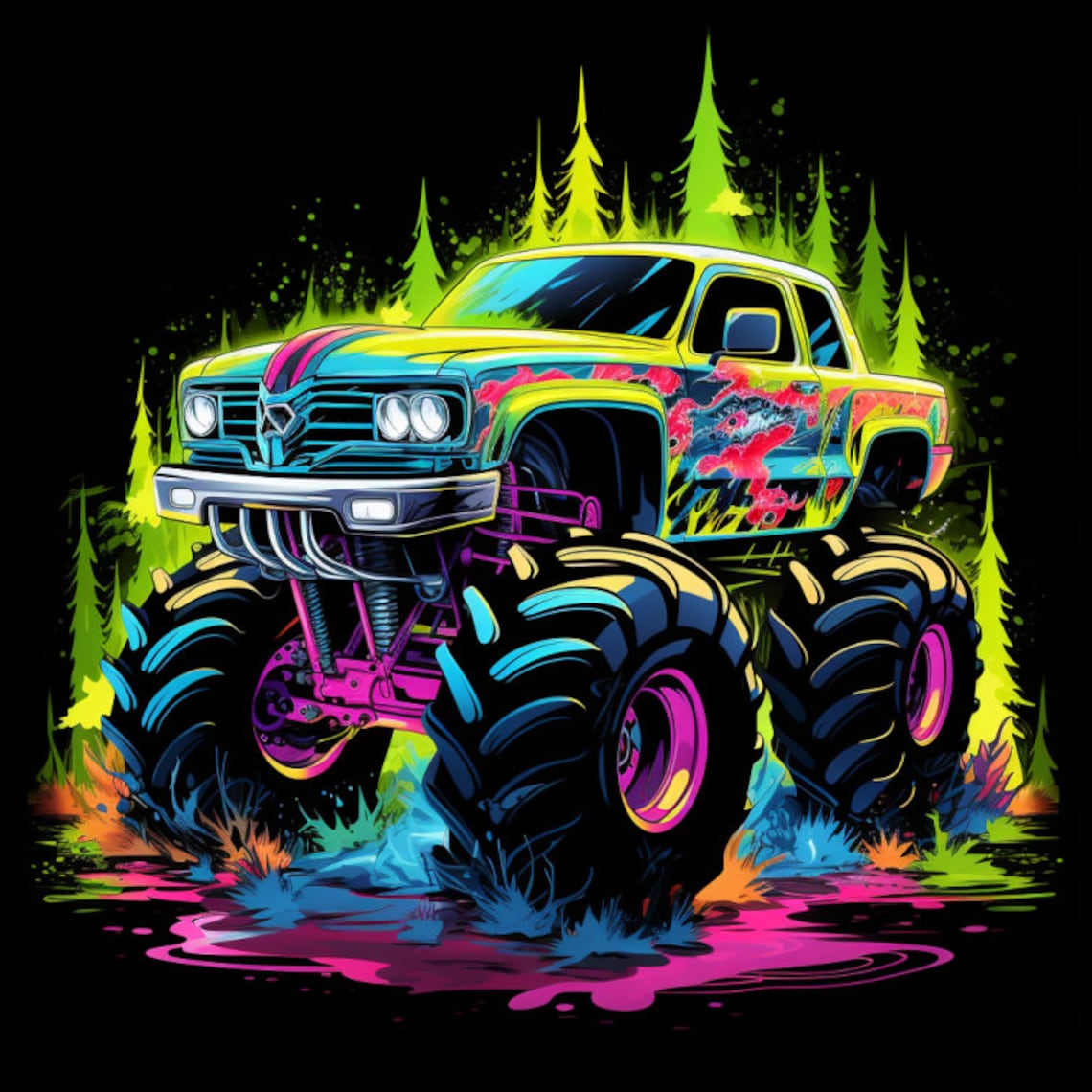 Neon Radiant Monster Truck, Bundle of 5 PNG Files for Wall Art, Digital ...