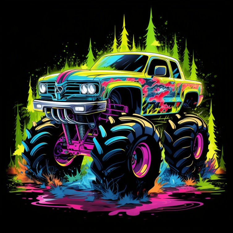 Neon Radiant Monster Truck, Bundle of 5 PNG Files for Wall Art, Digital ...
