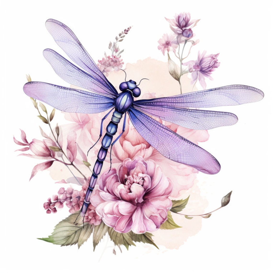 Watercolor Elegant Dragonfly and Flowers, Bundle of 5 PNG Files for ...