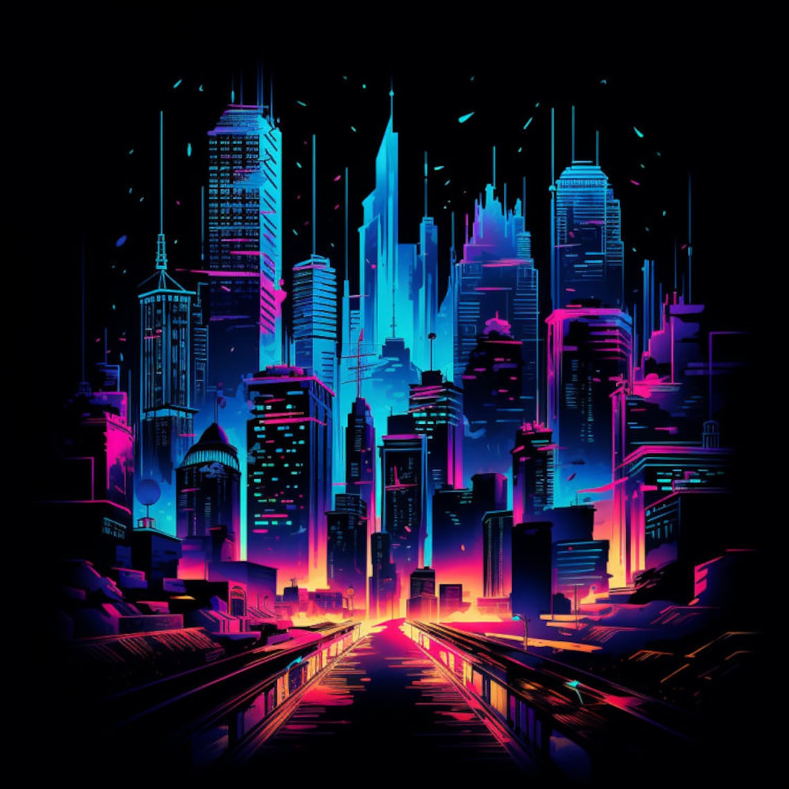 Neon Fluorescent Cityscape, Bundle of 5 PNG Files for Wall Art, Digital ...