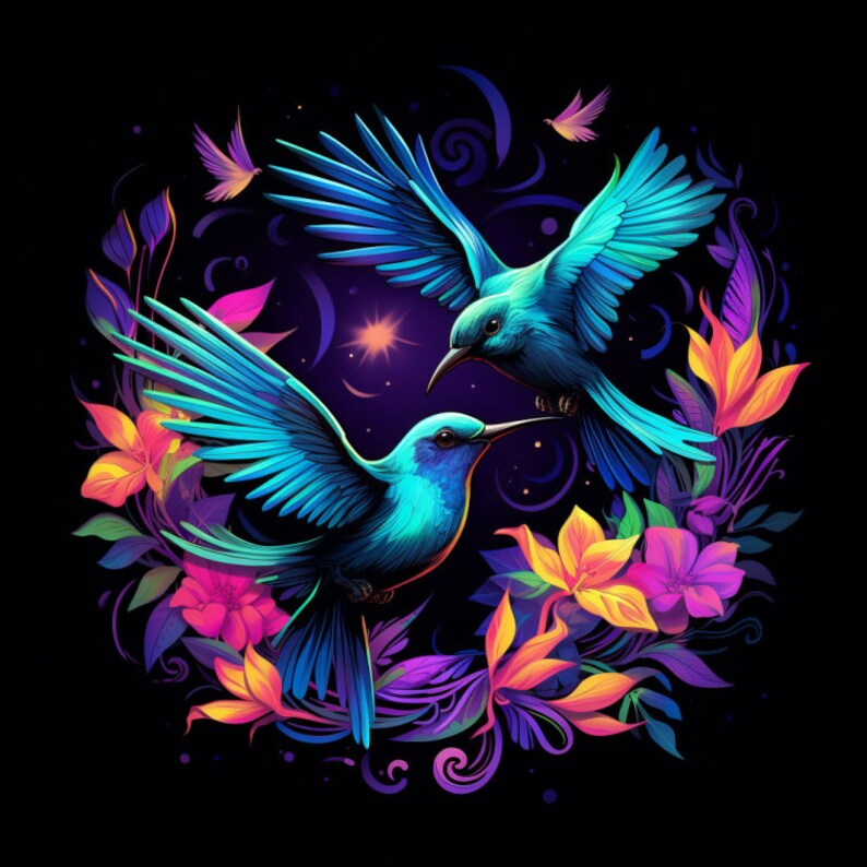 Neon Ethereal Birds in Love, Bundle of 5 PNG Files for Wall Art ...