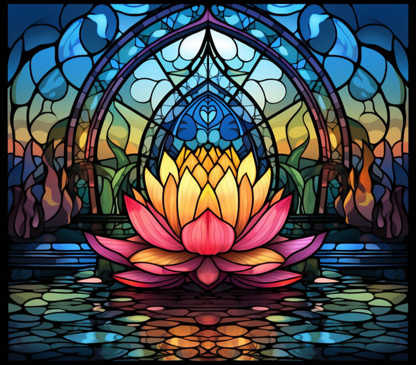 Zen Stained Glass Lotus, Bundle of 5 PNG Files for Wall Art, Digital ...