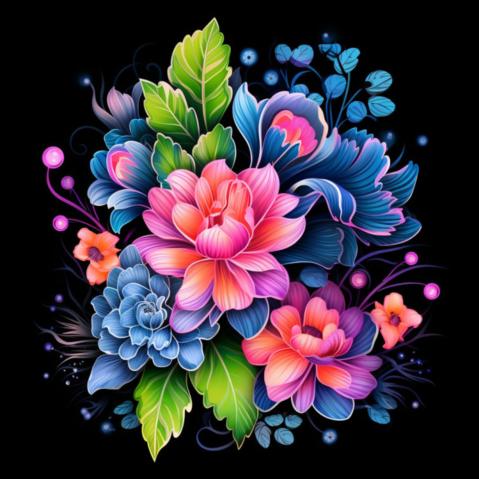 Neon Luminous Flowers, Bundle of 5 PNG Files for Wall Art, Digital Prints, T-shirt Designs, and ...