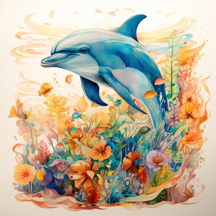Dolphin, Watercolor, Bundle of 5 PNG Files for Wall Art, Digital Prints ...