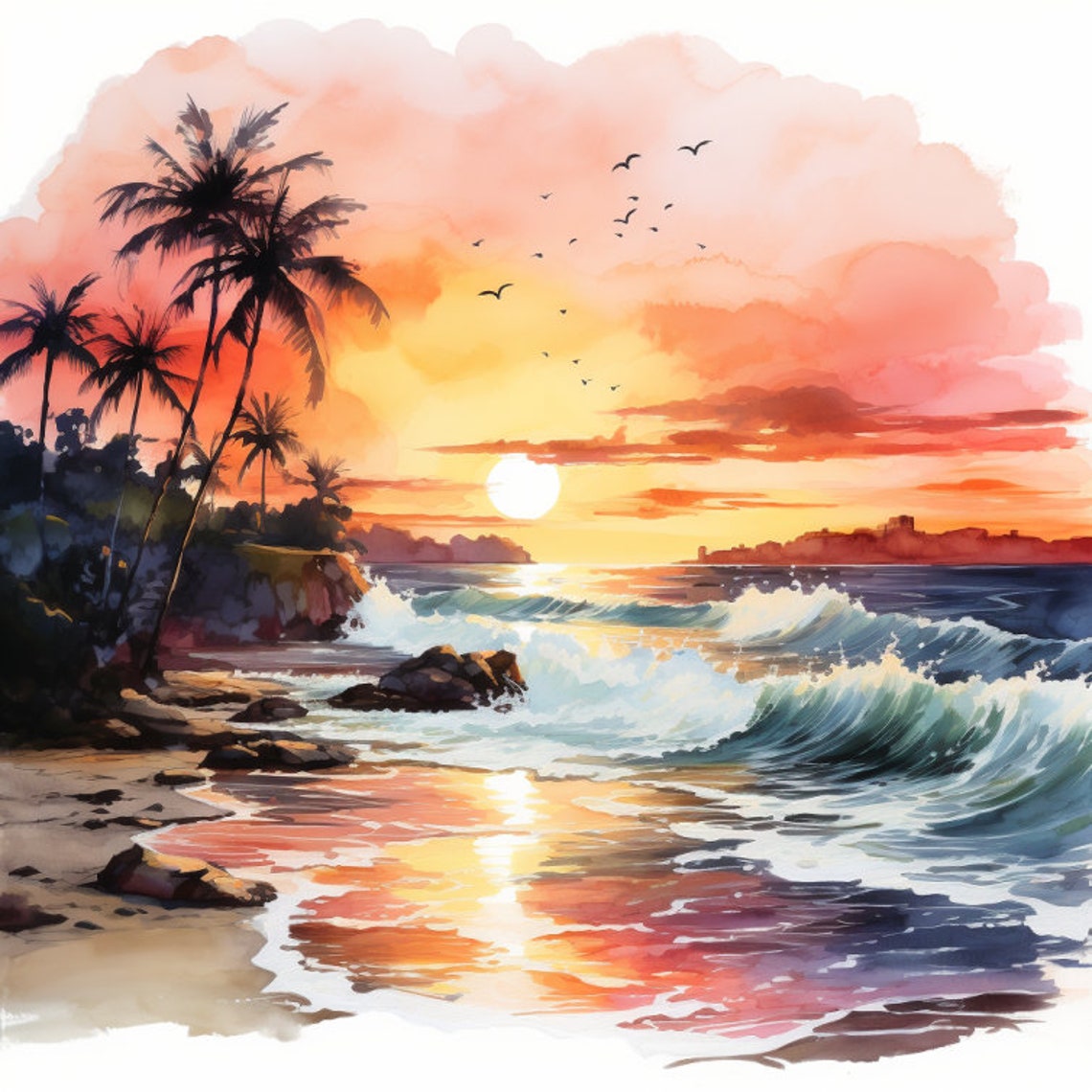 Radiant Beach Sunset, Watercolor, Bundle of 5 PNG Files for Wall Art ...