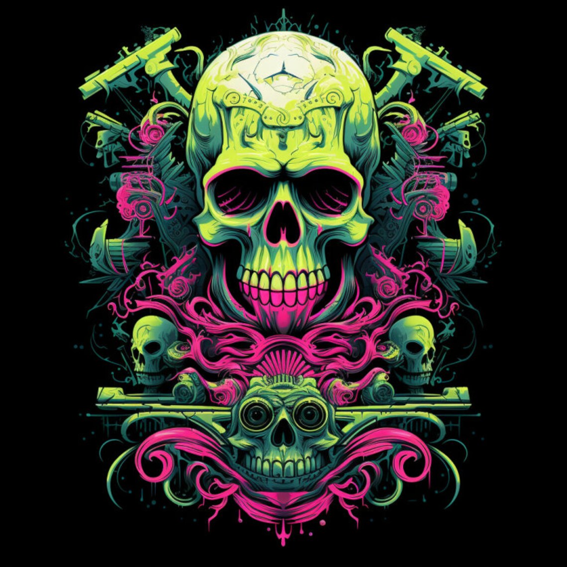 Neon Fluorescent Skull, Retro Revival, Bundle of 5 PNG Files for Wall ...