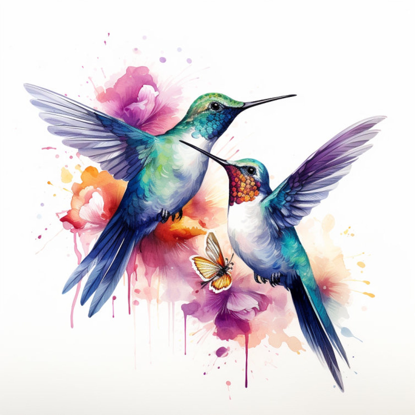 Watercolor Graceful Hummingbirds, Bundle of 5 PNG Files for Wall Art ...