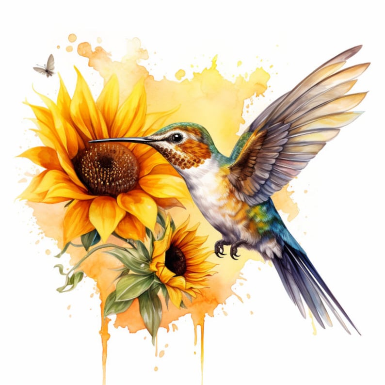 Watercolor Elegant Hummingbird and Sunflower, Bundle of 5 PNG Files for ...