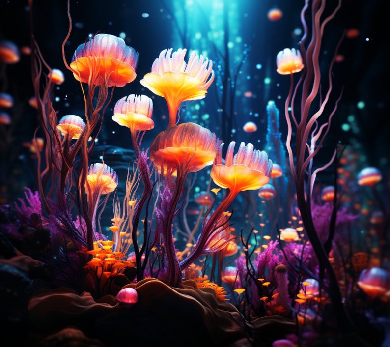 Neon Glowing Underwater PNG, Bundle of 5, Wall Art, Digital Prints, T ...