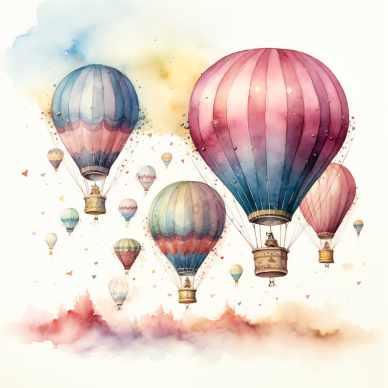 Whimsical Hot Air Balloons, Watercolor, Bundle of 5 PNG Files for Wall ...