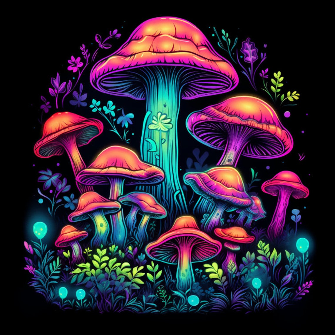 Neon Mushroom, Bundle of 5 PNG Files for Wall Art, Digital Prints, T ...