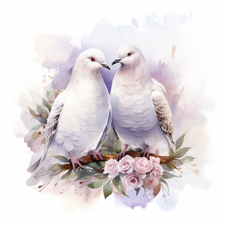 Lovely Wedding White Doves, Bundle of 5 Watercolor PNG Files for Wall ...