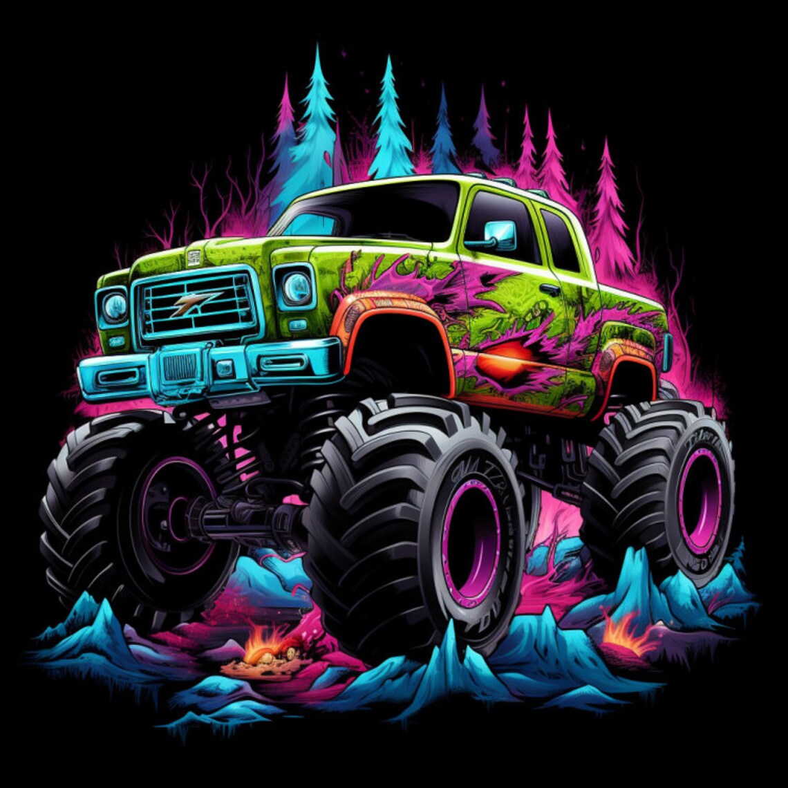 Neon Radiant Monster Truck, Bundle of 5 PNG Files for Wall Art, Digital ...