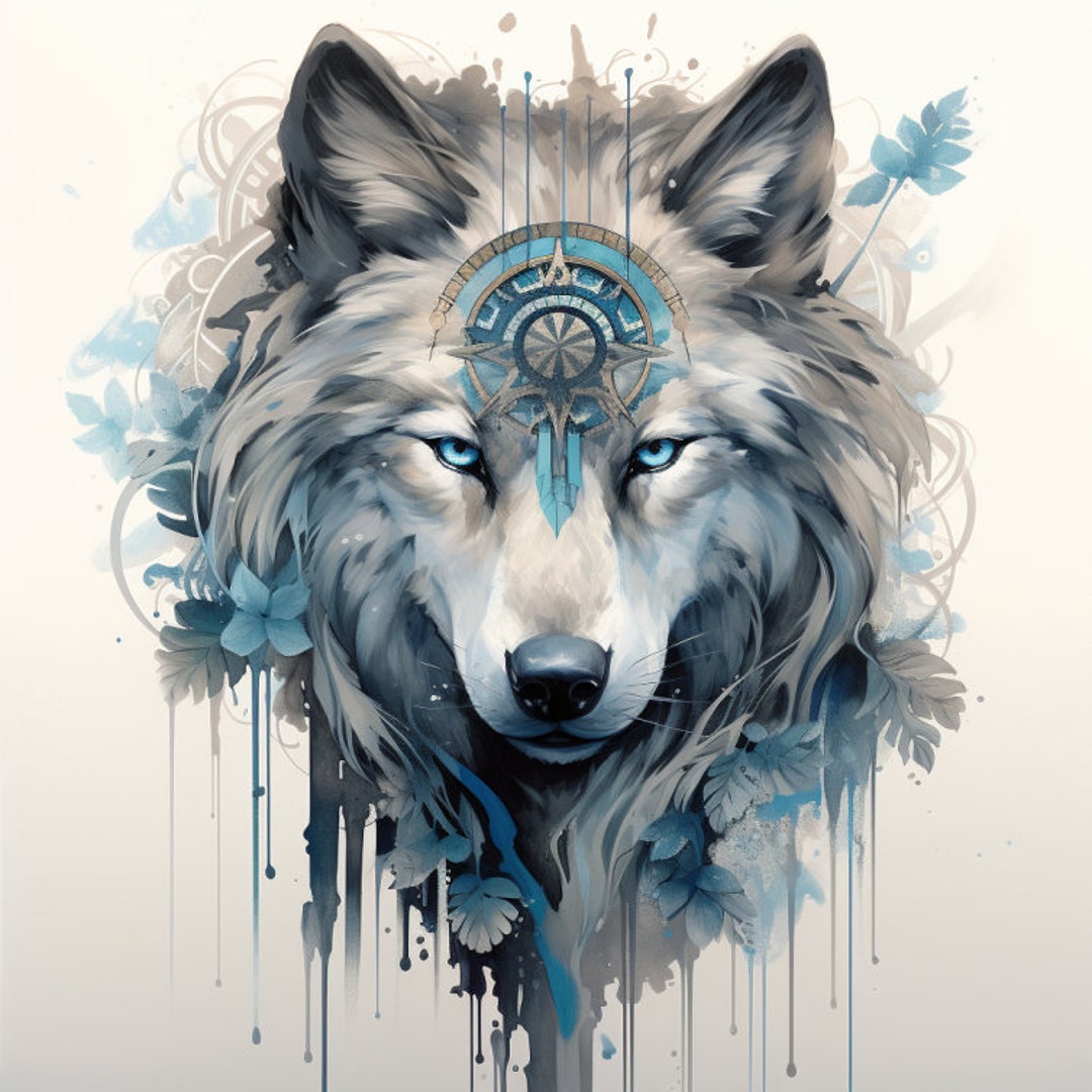 Watercolor Gray Wolf and Tattoo Motifs, Bundle of 5 PNG Files for Wall ...