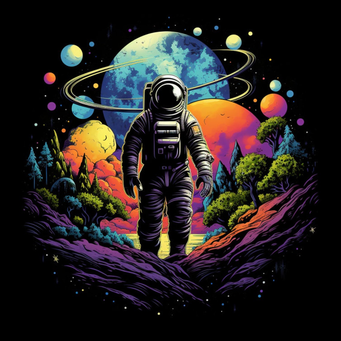 Neon Galactic Exploration, Bundle of 5 PNG Files for Wall Art, Digital ...