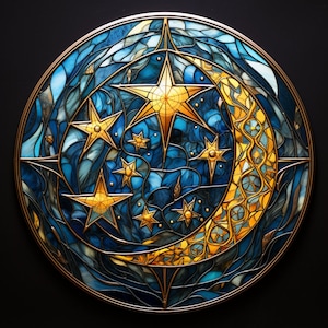 Starry Night Stained Glass, Bundle of 5 PNG Files for Wall Art, Digital ...