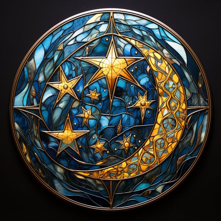 Starry Night Stained Glass, Bundle of 5 PNG Files for Wall Art, Digital ...