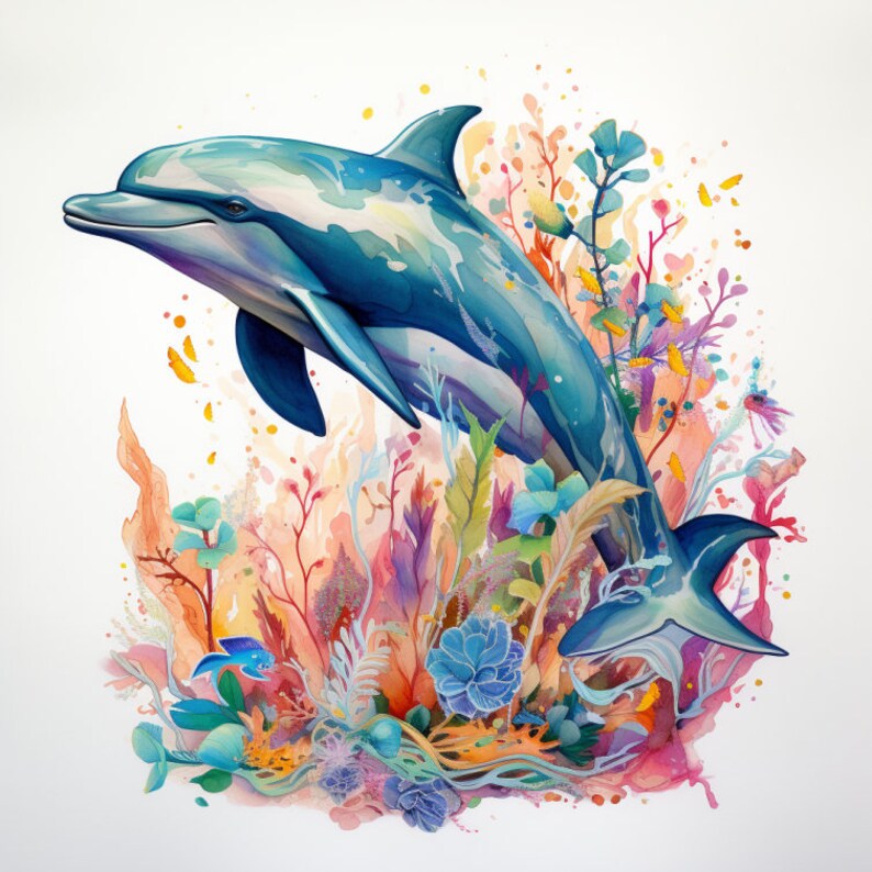 Dolphin, Watercolor, Bundle of 5 PNG Files for Wall Art, Digital Prints ...