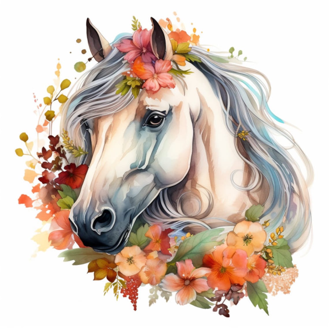 Watercolor Horse With Flower Crown, Bundle of 5 PNG Files for Wall Art ...