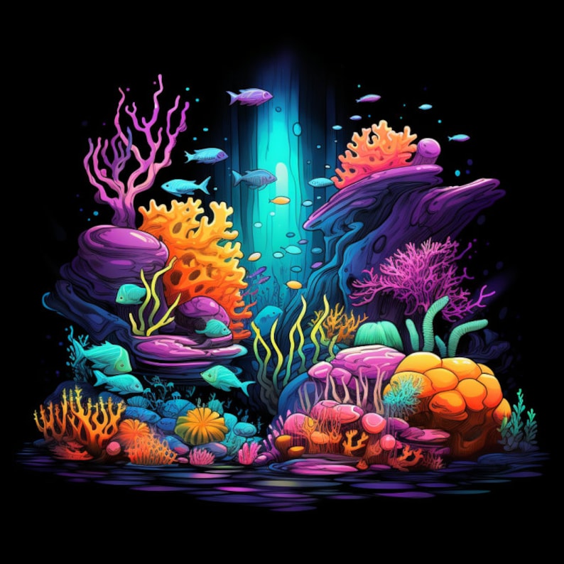 Neon Glowing Underwater, Bundle of 5 PNG Files for Wall Art, Digital ...