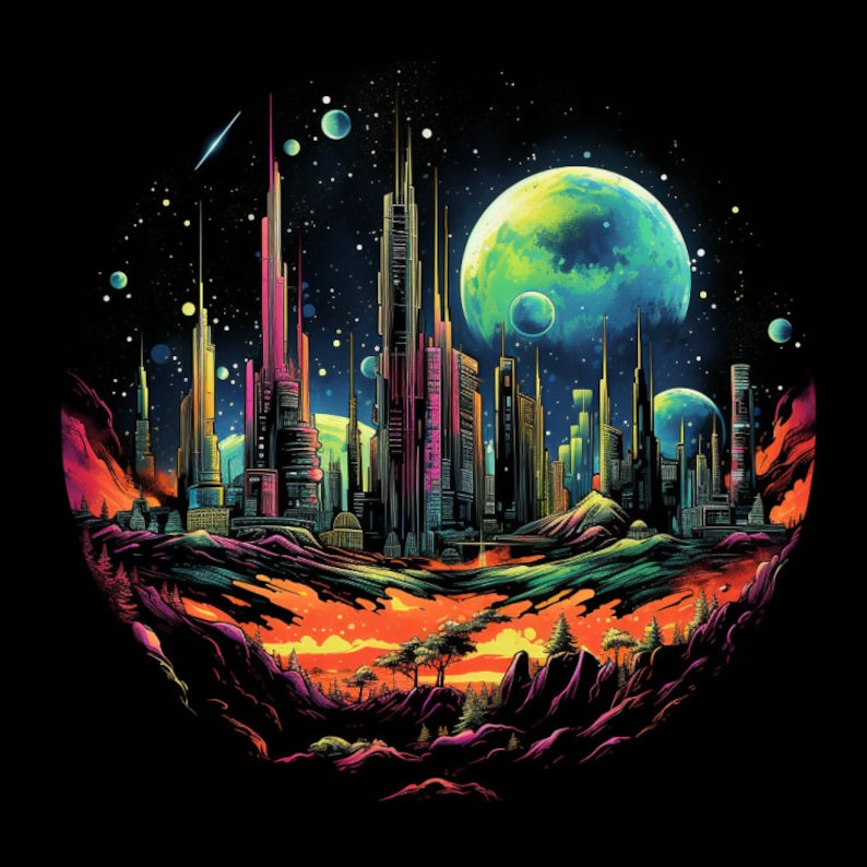 Neon Galactic Skyline, Bundle of 5 PNG Files for Wall Art, Digital ...