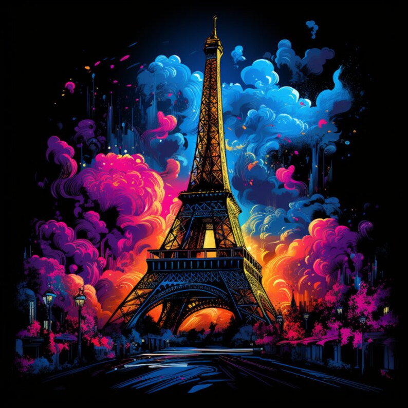 Neon Vivid Fluorescent Eiffel Tower in Paris, Bundle of 5 PNG Files for ...