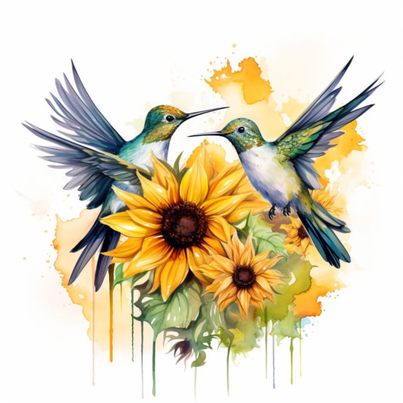 Graceful Hummingbirds and Sunflowers, Watercolor, Bundle of 5 PNG Files ...
