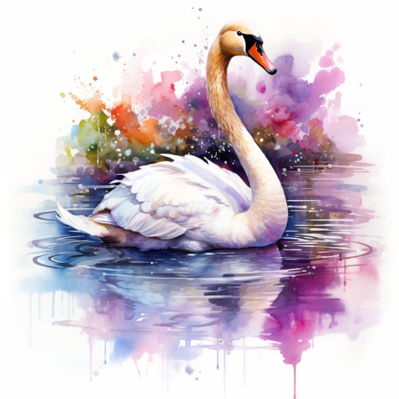 Graceful Swan Lake, Watercolor, Bundle of 5 PNG Files for Wall Art ...