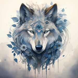Watercolor Gray Wolf and Tattoo Motifs, Bundle of 5 PNG Files for Wall ...