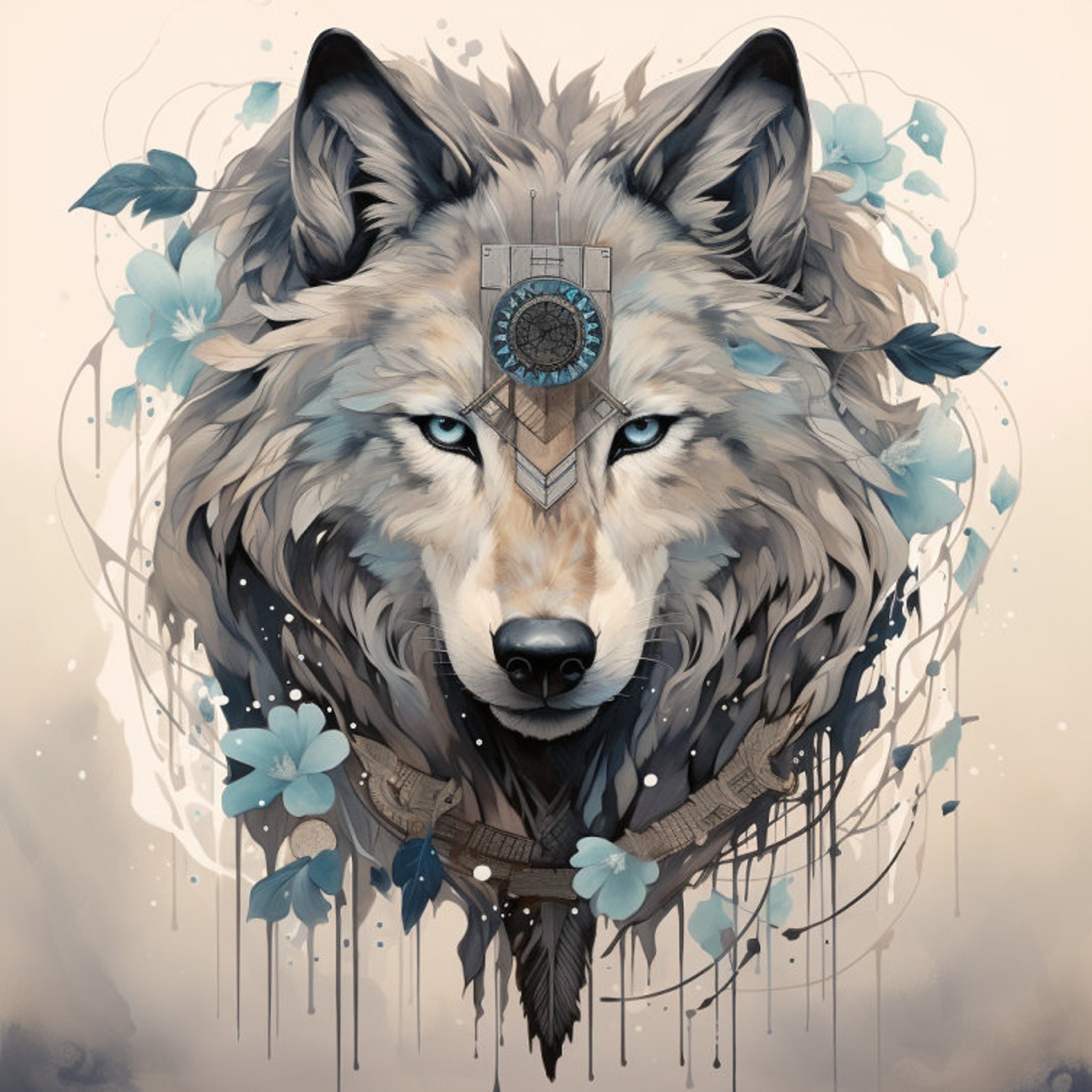 Watercolor Gray Wolf and Tattoo Motifs, Bundle of 5 PNG Files for Wall ...