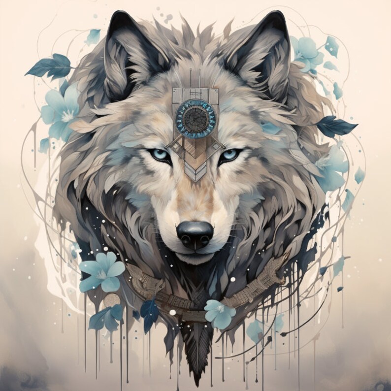 Watercolor Gray Wolf and Tattoo Motifs, Bundle of 5 PNG Files for Wall ...