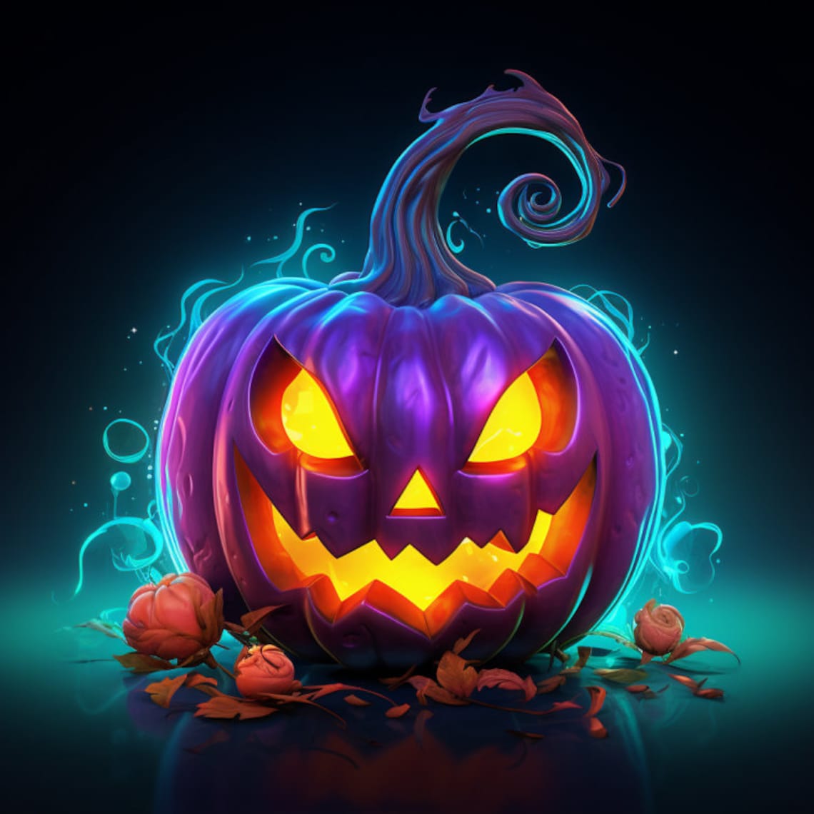 Neon Teal Halloween Pumpkin, Bundle of 5 PNG Files for Wall Art ...