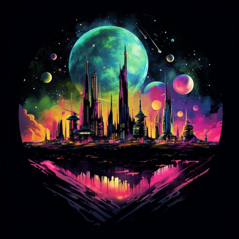 Neon Galactic Skyline, Bundle of 5 PNG Files for Wall Art, Digital ...