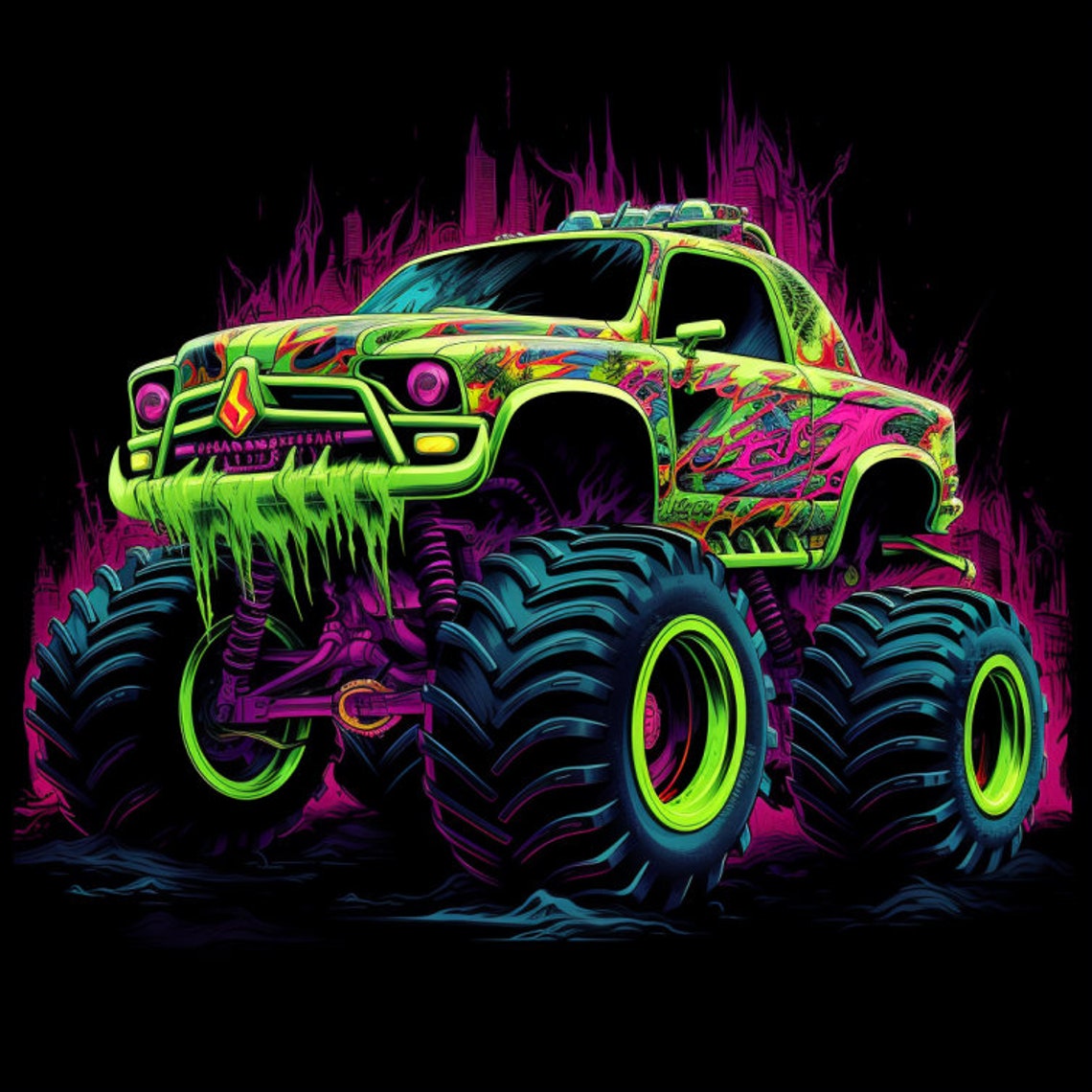Neon Radiant Monster Truck, Bundle of 5 PNG Files for Wall Art, Digital ...