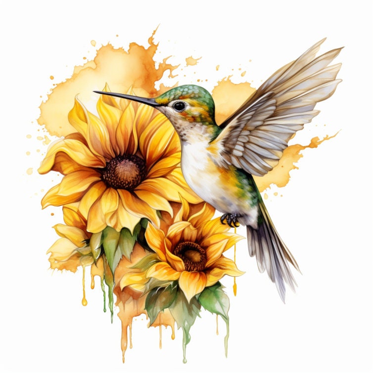 Watercolor Elegant Hummingbird and Sunflowers, Bundle of 5 PNG Files ...