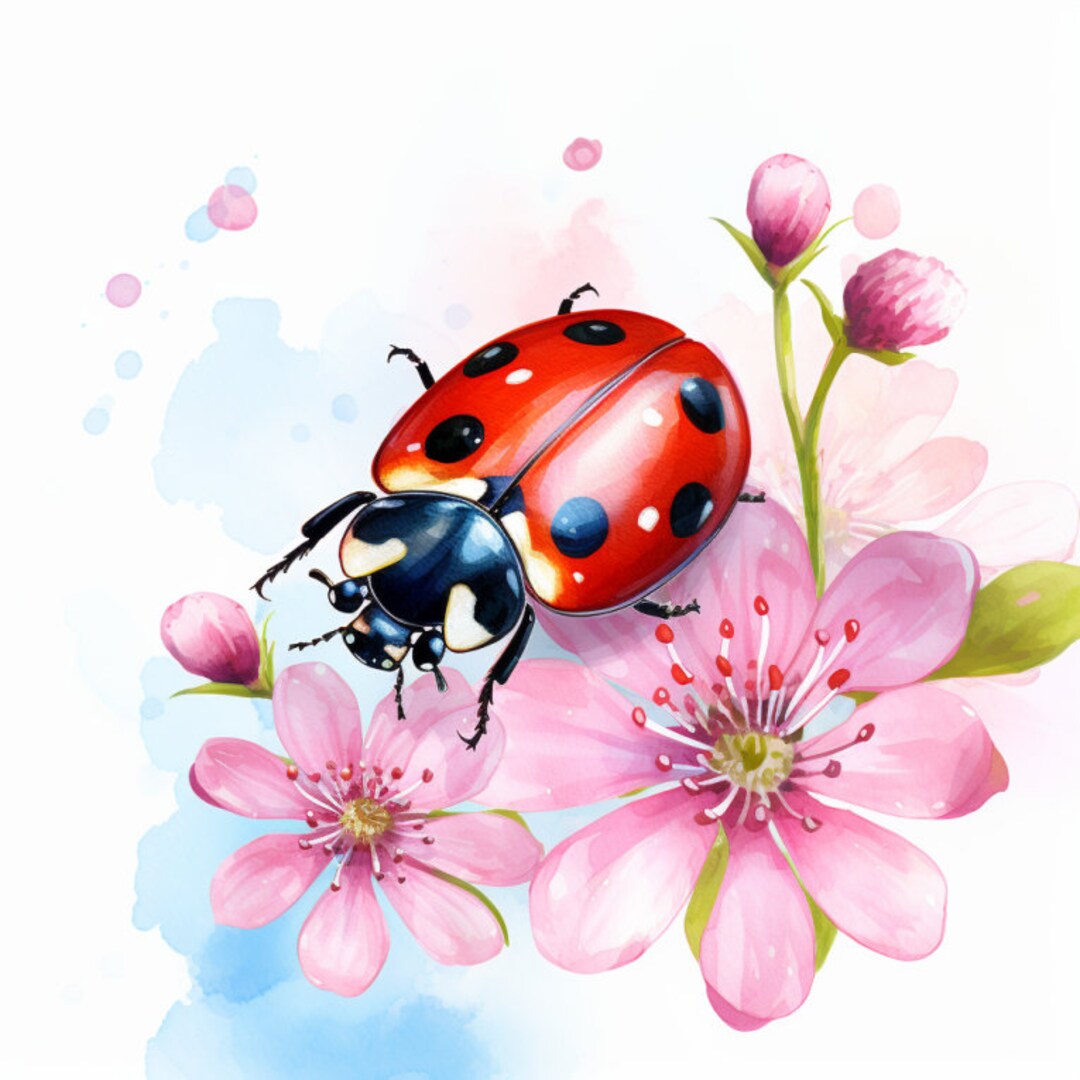 Watercolor Cute Ladybug and Pink Flowers, Bundle of 5 PNG Files for ...