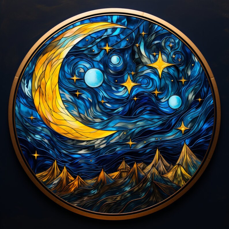 Starry Night Stained Glass, Bundle of 5 PNG Files for Wall Art, Digital ...