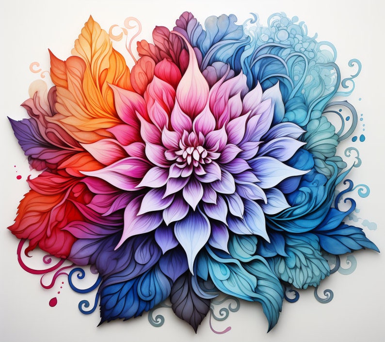 Watercolor Fluorescent Mandala Magic, Bundle of 5 PNG Files for Wall ...