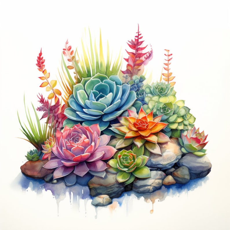Watercolor Succulent Garden Oasis, Bundle of 5 PNG Files for Wall Art ...