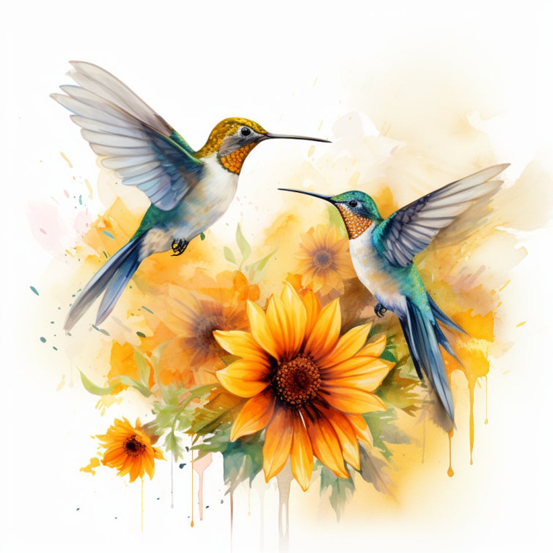Graceful Hummingbirds and Sunflowers, Watercolor, Bundle of 5 PNG Files ...