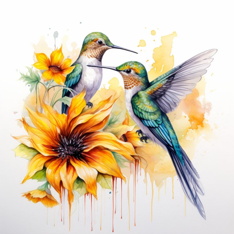 Graceful Hummingbirds and Sunflowers, Watercolor, Bundle of 5 PNG Files ...