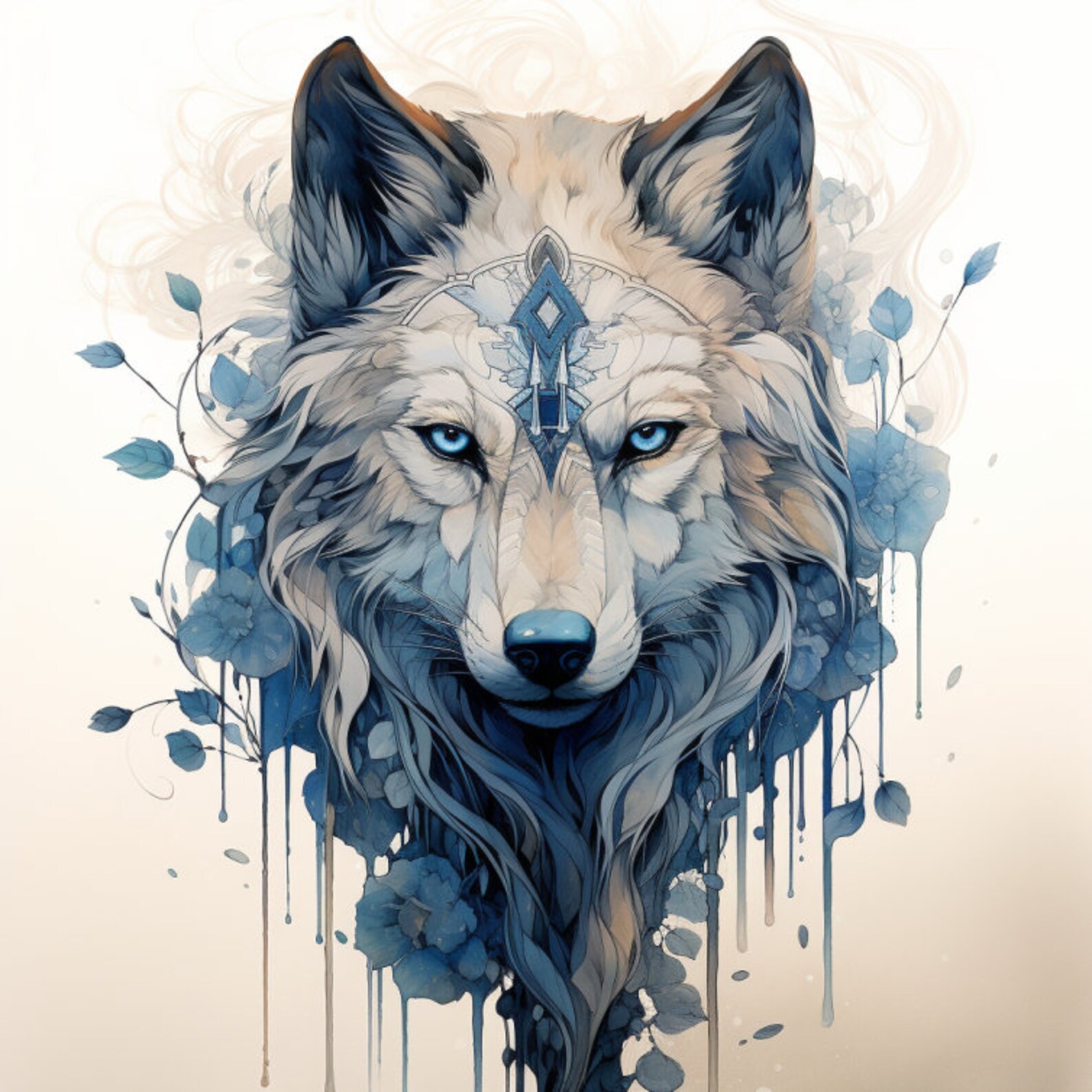 Watercolor Gray Wolf and Tattoo Motifs, Bundle of 5 PNG Files for Wall ...